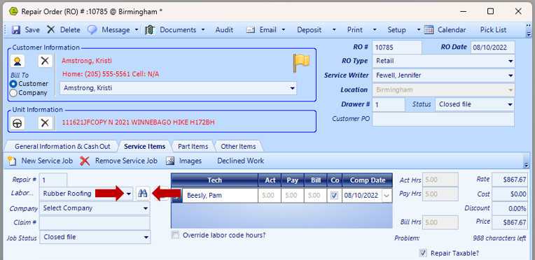 Using Labor Codes and Part Kits