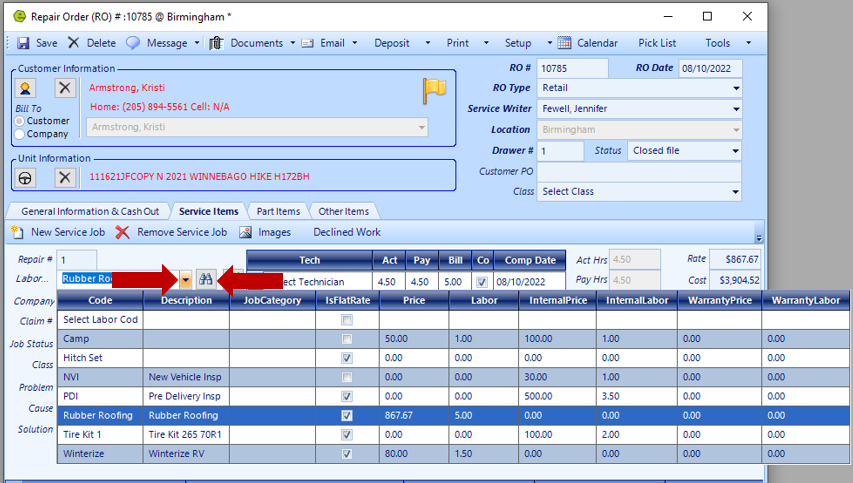 Using Labor Codes and Part Kits