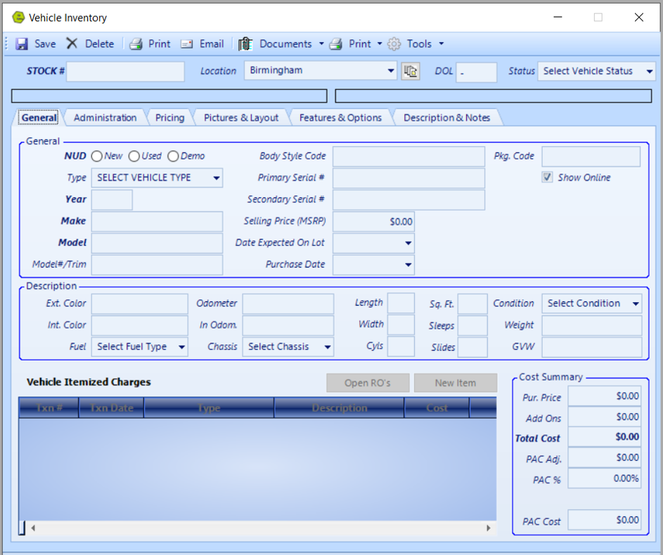 Create New Vehicle Inventory
